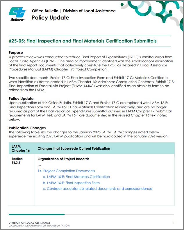 Caltrans Office Bulletin #25-05: Final Inspection and Final Materials Certification Submittals ...
